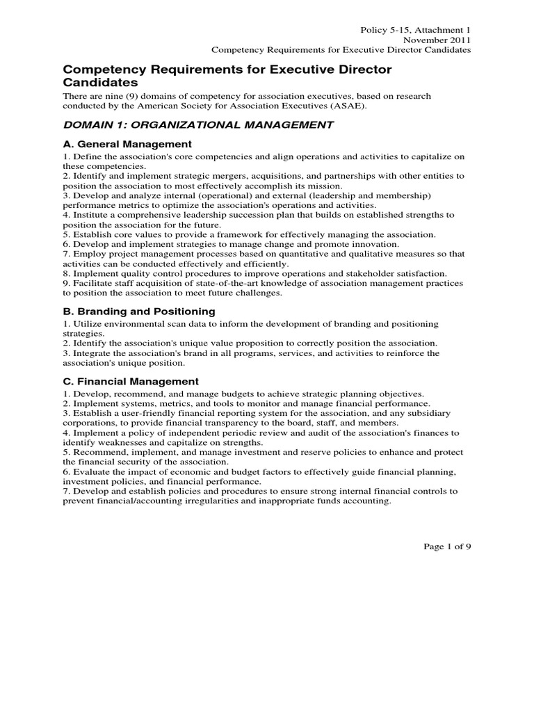 Competency Requirements For Executive Director Candidates (November ...