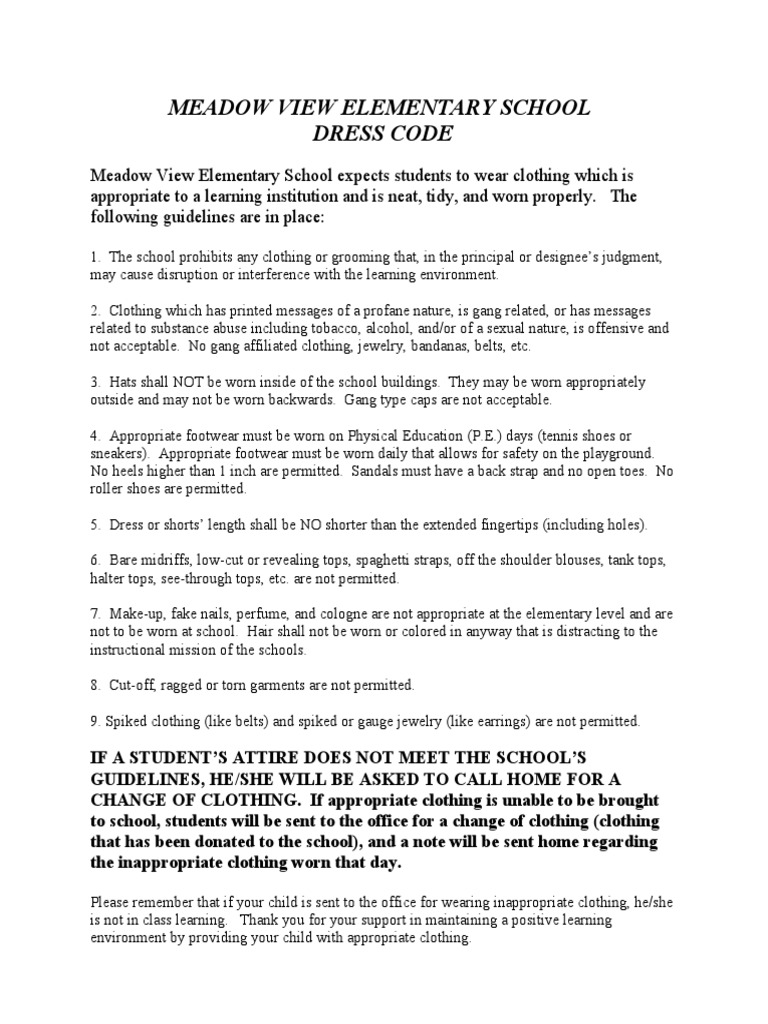 Meadow View Elementary Dress Code Guidelines | PDF