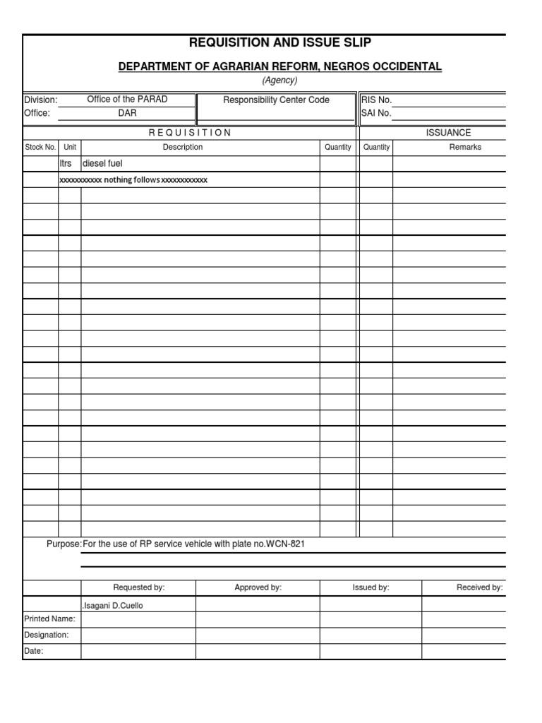 Requisition and Issue Slip: Department of Agrarian Reform, Negros ...