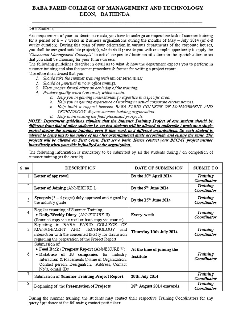 Summer Training Guidelines for Students | PDF | Further Education ...