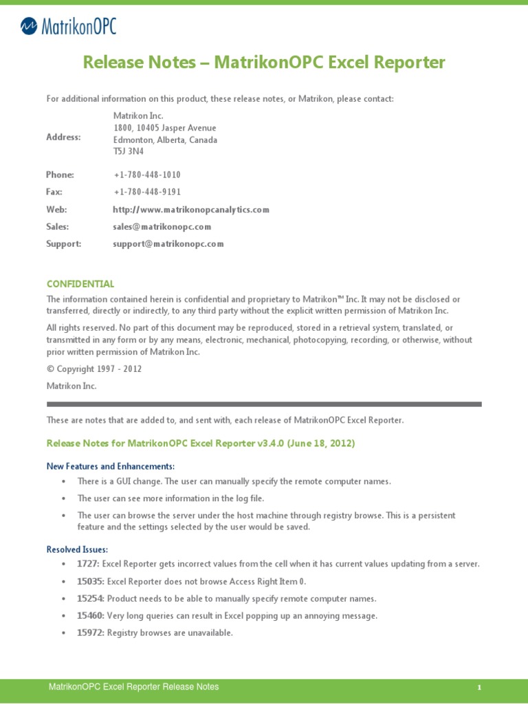 MatrikonOPC Excel Reporter Release Notes | PDF | Tag (Metadata ...