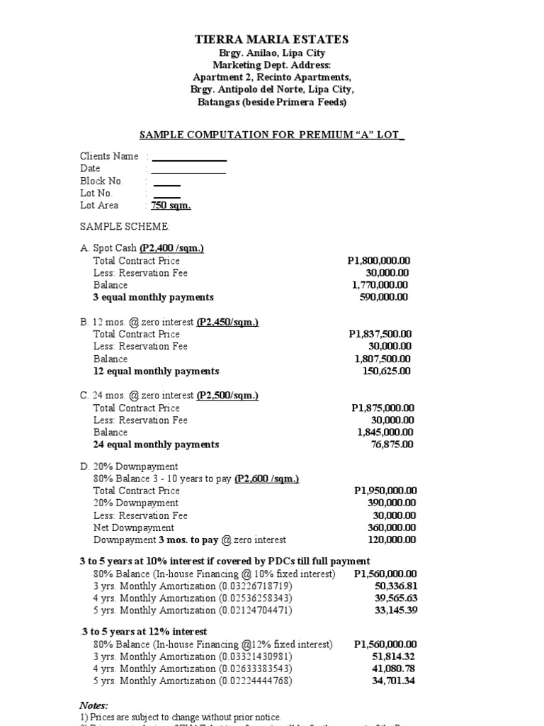 Sample Computation (A & B Lots of 750 SQM.) | PDF | Down Payment ...