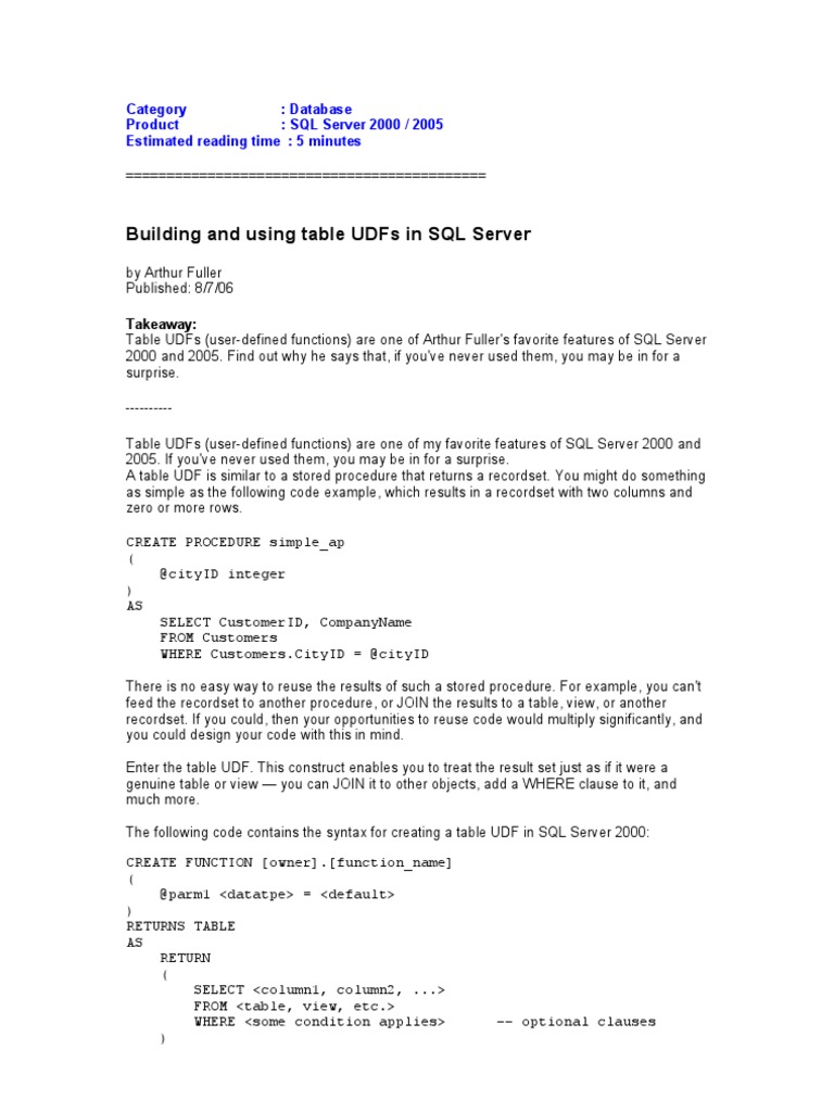 Article 20060808 Building And Using Table Udfs In Sql Server Pdf Areas Of Computer Science