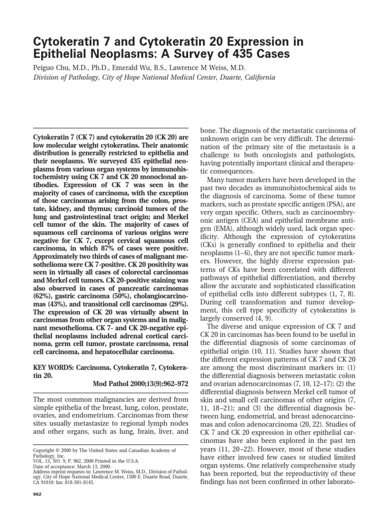 CK 7 and CK 20 Positive Tumors Modern Pathol 2000 | Download Free PDF ...