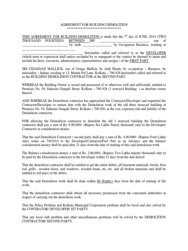Building Demolition Contract Agreement | PDF | Demolition | Rupee