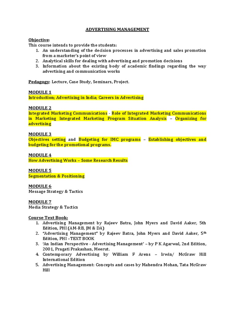 Advertising Management KUD Syllabus | PDF | Marketing Communications ...