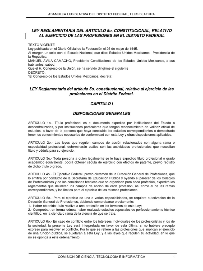 Ley Reglamentaria Del Articulo 5o Constitucional Relativo Al Ejercicio ...