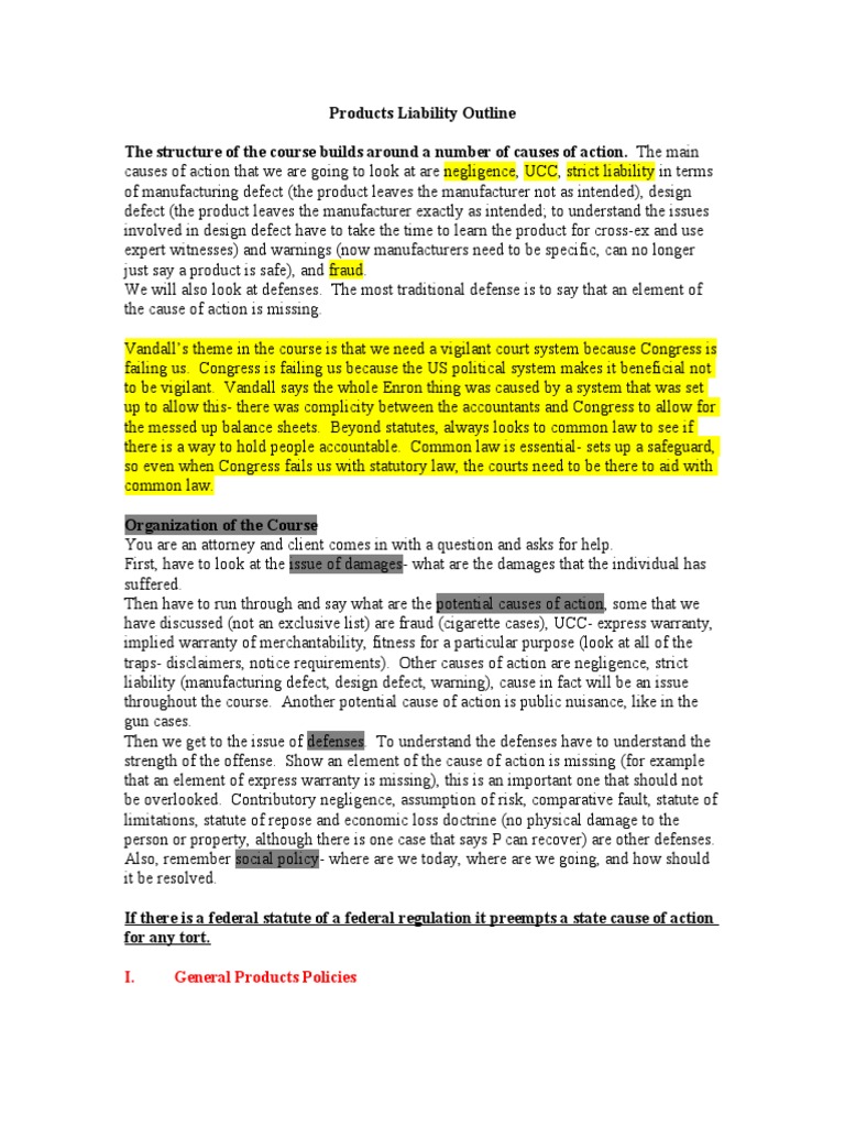 PL Outline | PDF | Product Liability | Implied Warranty