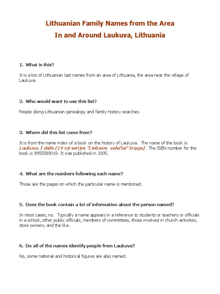 Lithuanian Last Names | PDF | Lithuania | Genealogy