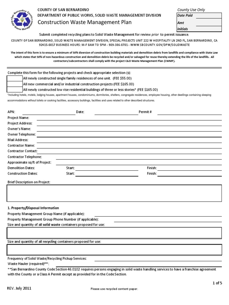 Construction Waste Management Plan: County of San Bernardino Department ...