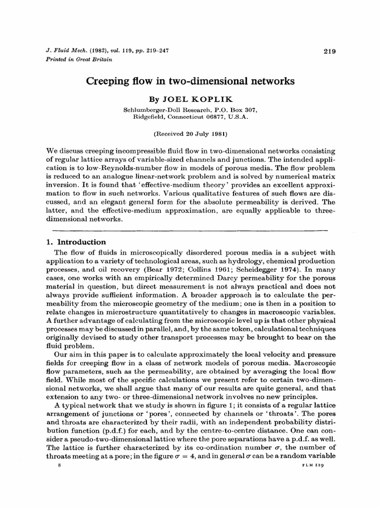 Creeping Flow in Two-Dimensional Network - 1982 | PDF | Fluid Dynamics ...