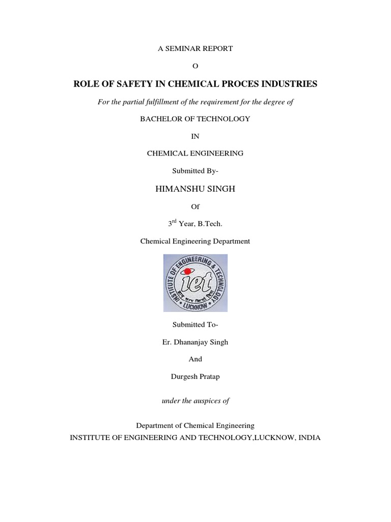 A SEMINAR REPORT On Safety in Chemical Process Industries | PDF ...