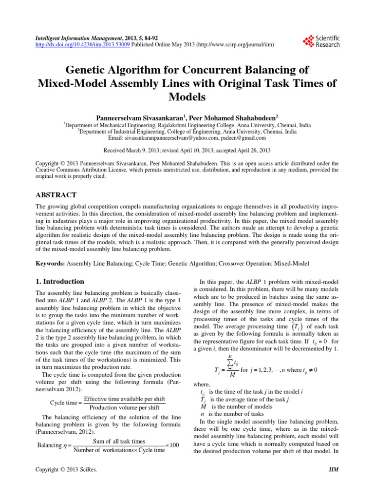 Genetic Algorithm For Concurrent Balancing of Mixed-Model Assembly ...
