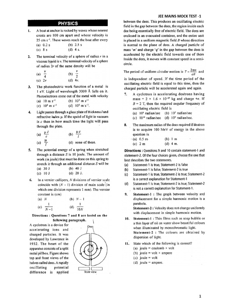 Jee Mains Mock Test Paper - 1 | PDF