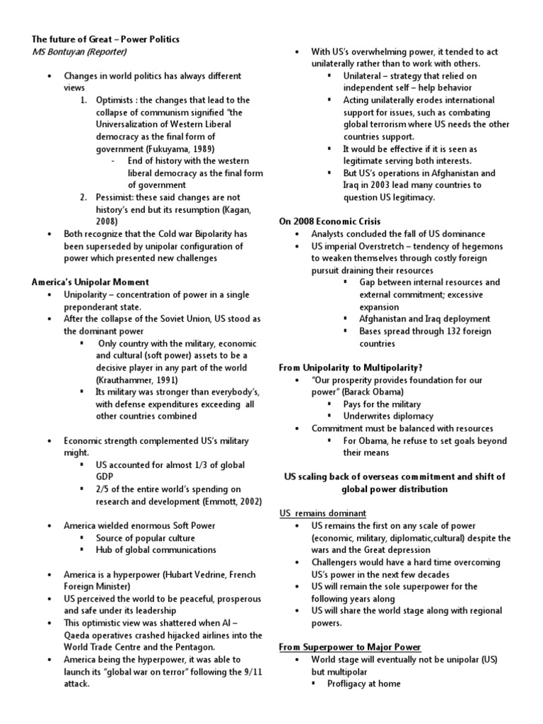 Ps 188 - Global Power Handout | PDF | Polarity (International Relations ...