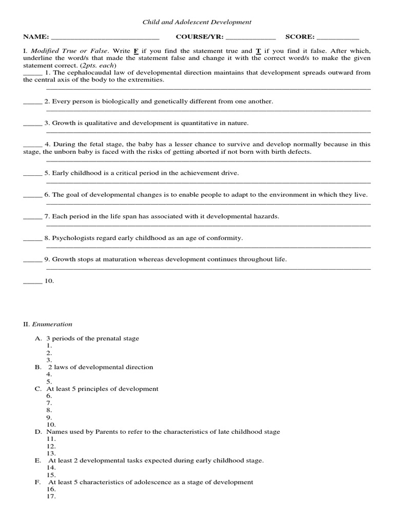 Child and Adolescent Development Quiz | PDF | Wellness