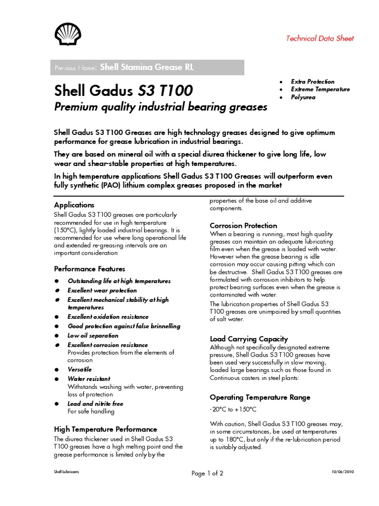 Shell Gadus S3 T100 | PDF | Motor Oil | Bearing (Mechanical)