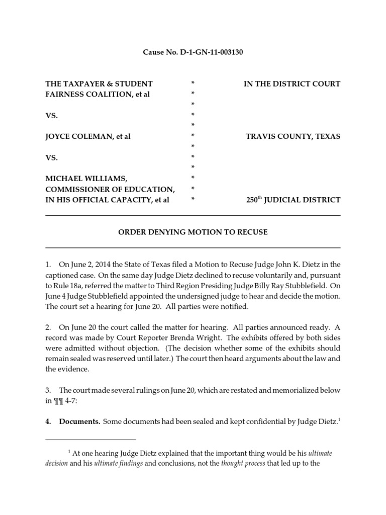 Order Denying Motion To Recuse Judge Dietz in Texas School Finance ... Order Denying Motion To Recuse Judge Dietz in Texas School Finance ...