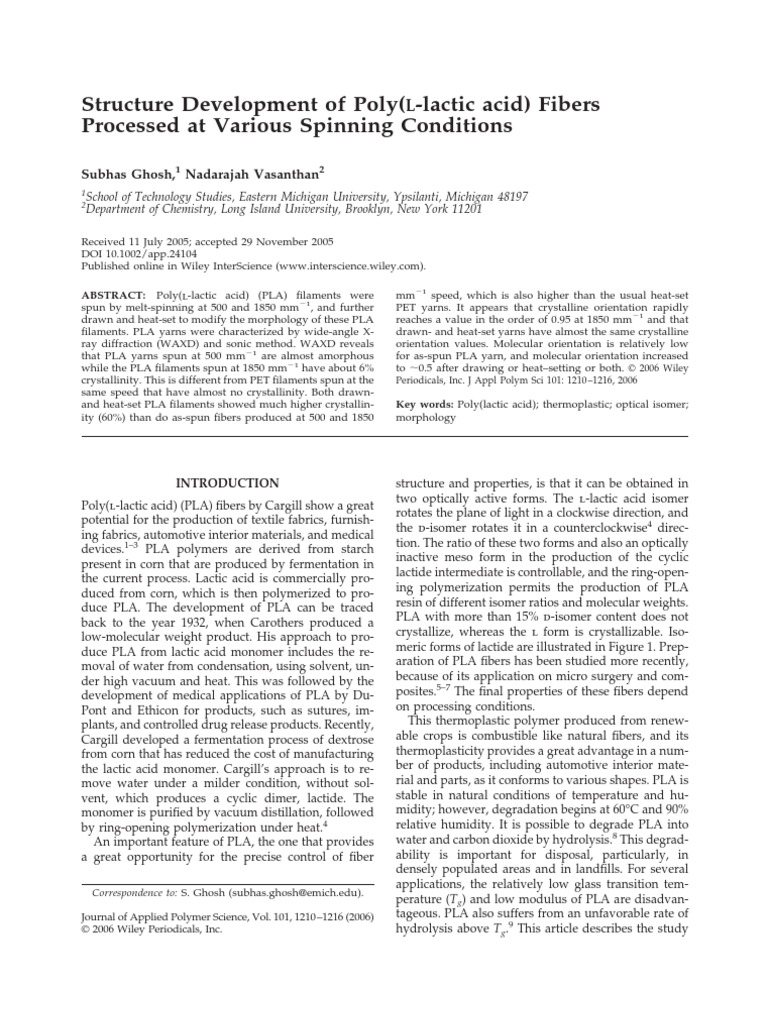 Structure Development of Poly (-Lactic Acid) Fibers Processed at ...