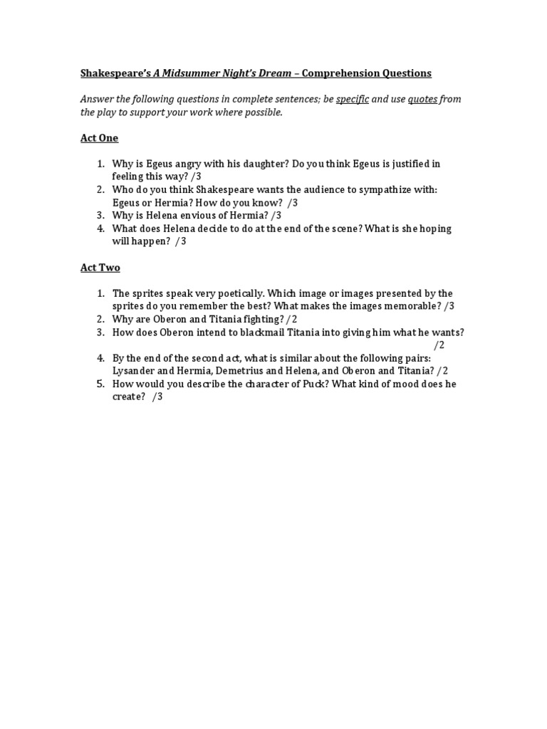 Shakespeares A Midsummer Nights Dream Comprehension Questions | PDF