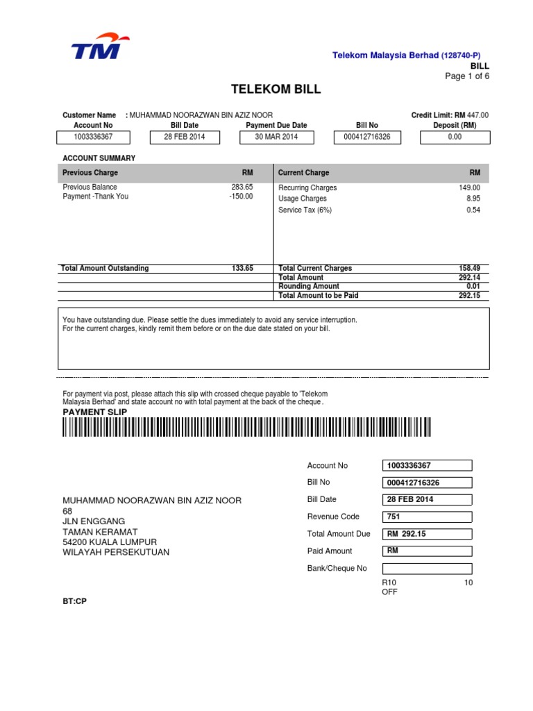 Telekom Bill: Page 1 of 6 | PDF | Payments | Debit Card