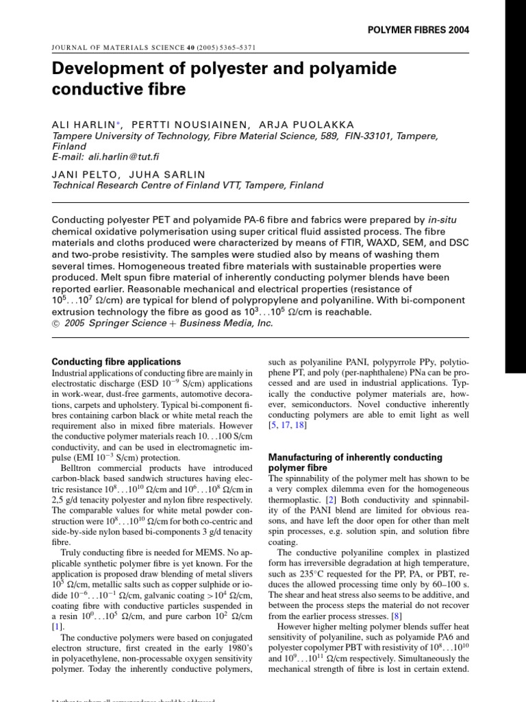 Development of Polyester and Polyamide Conductive Fibre: Polymer Fibres ...