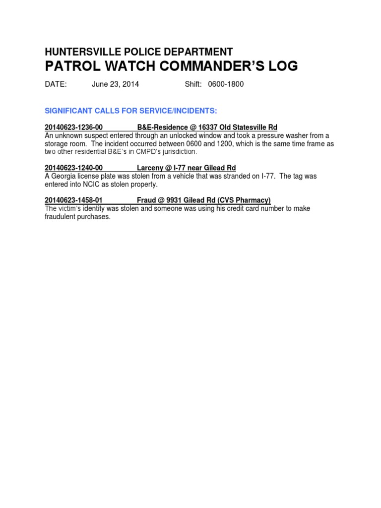 Patrol Watch Commander'S Log: Huntersville Police Department | PDF ...