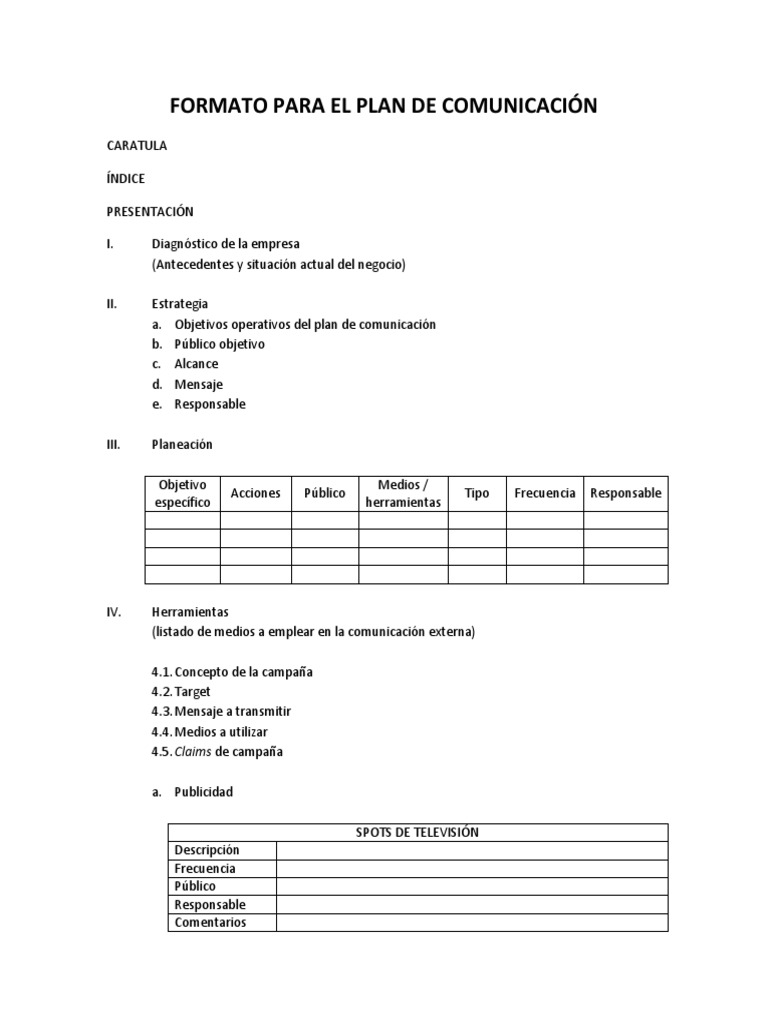 Formato para El Plan de Comunicacion | PDF | Publicidad | Marketing