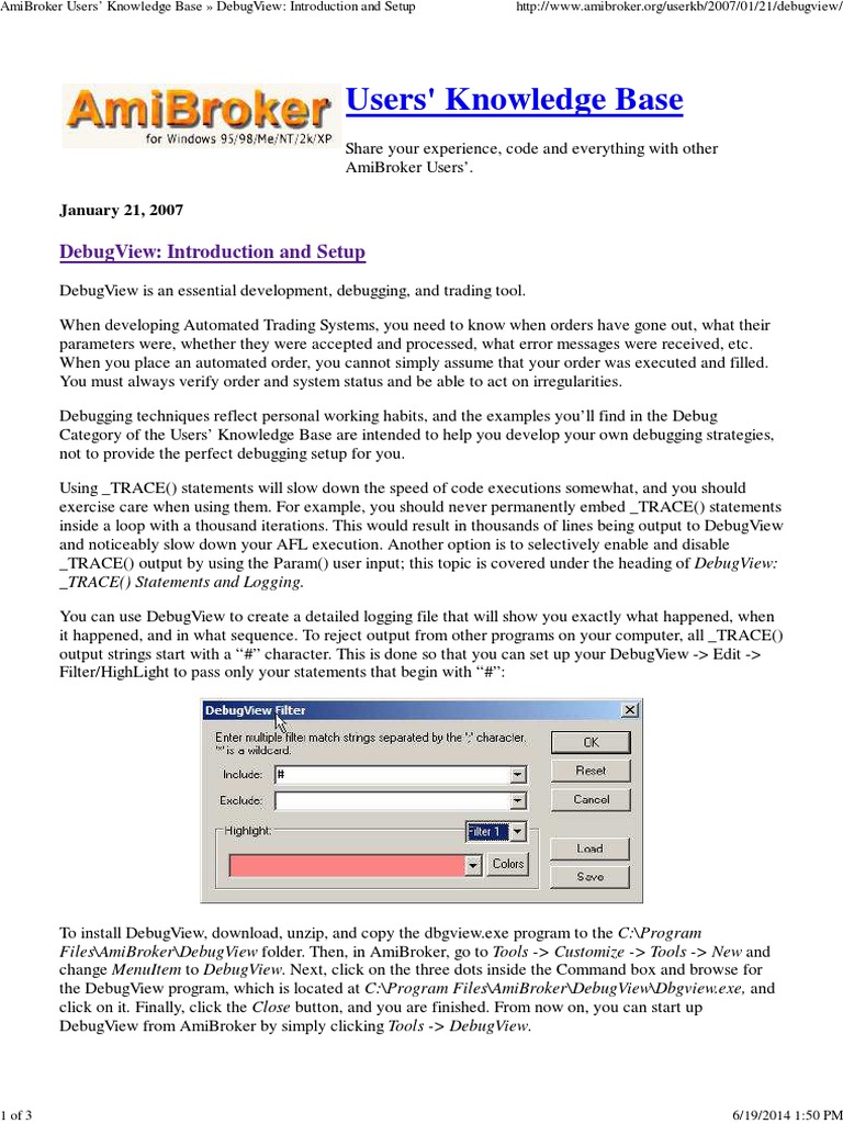 AmiBroker Users' Knowledge Base DebugView - Introduction and Setup | PDF | Debugging | Parameter ...
