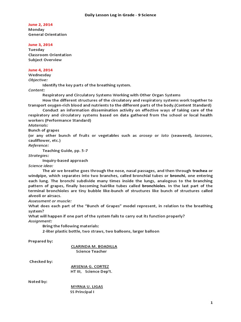 Daily Lesson Log in Grade9 | PDF | Lung | Respiratory System