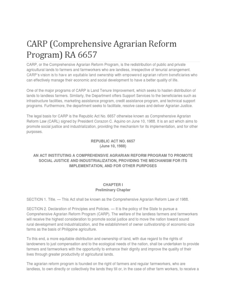 CARP (Comprehensive Agrarian Reform Program) RA 6657 | PDF | Economies ...