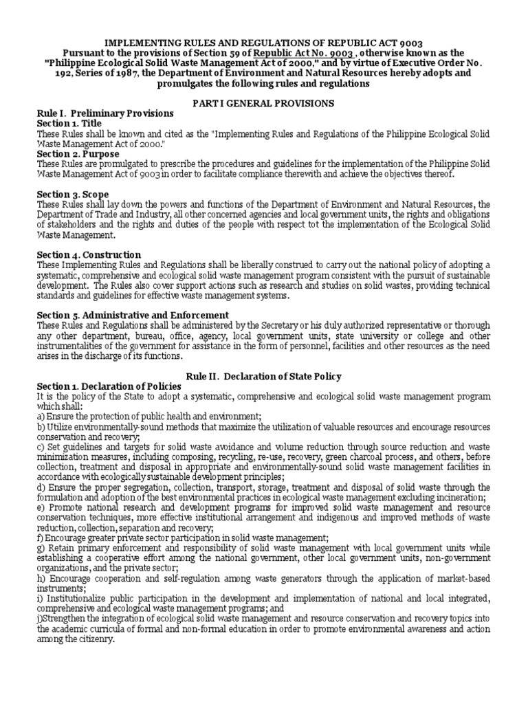 Implementing Rules and Regulations of Republic Act 9003 | Waste ...