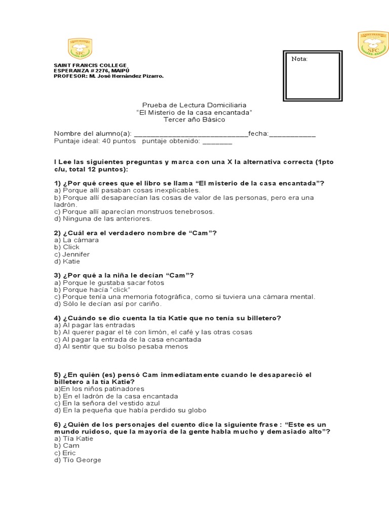 Prueba de Lectura Domiciliaria El Misterio de La Casa Encantada | PDF ...