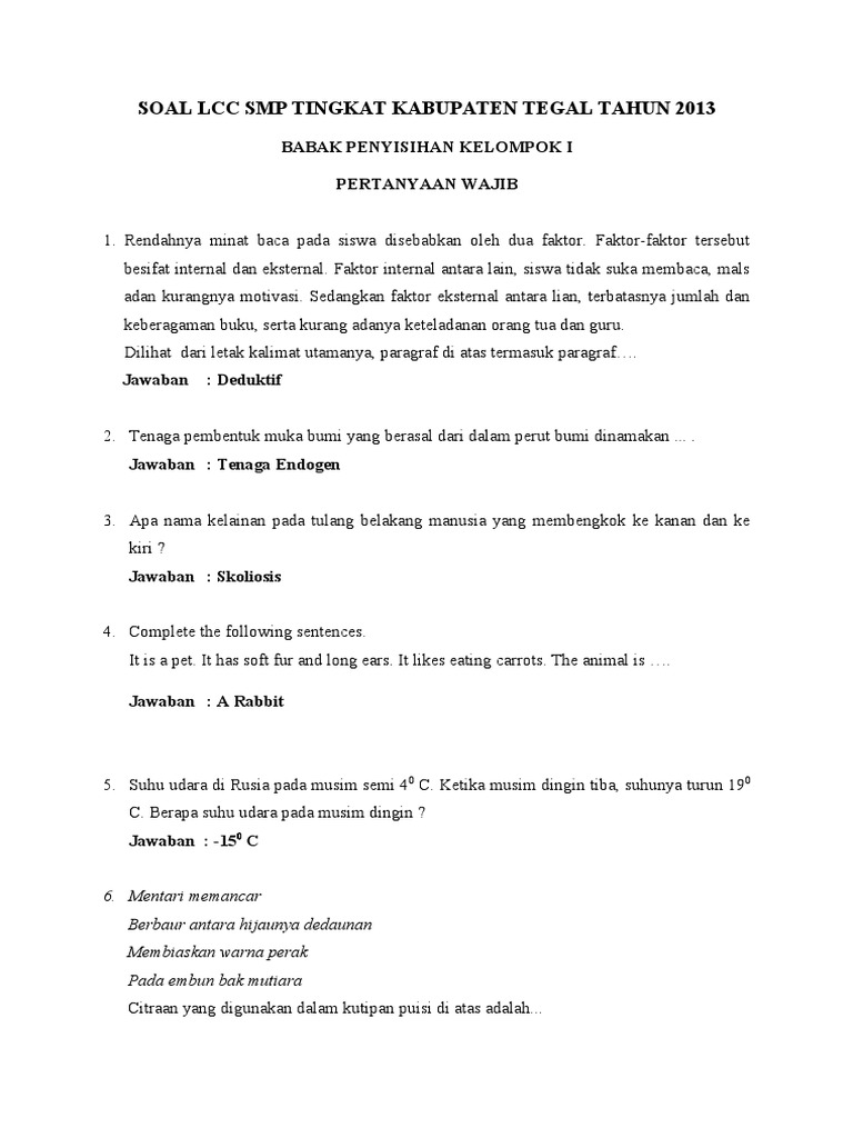 Contoh Soal Lcc Smp Tingkat Kabupaten Pdf