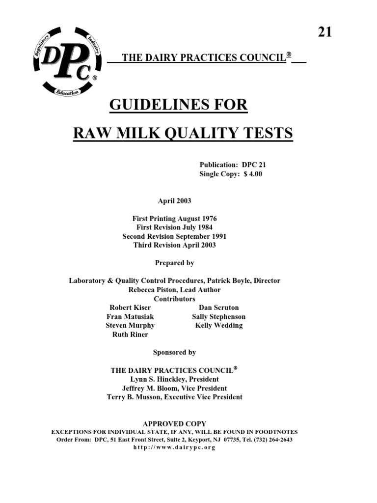 Guidelines For Milk Quality Tests | PDF | Milk | Colony Forming Unit