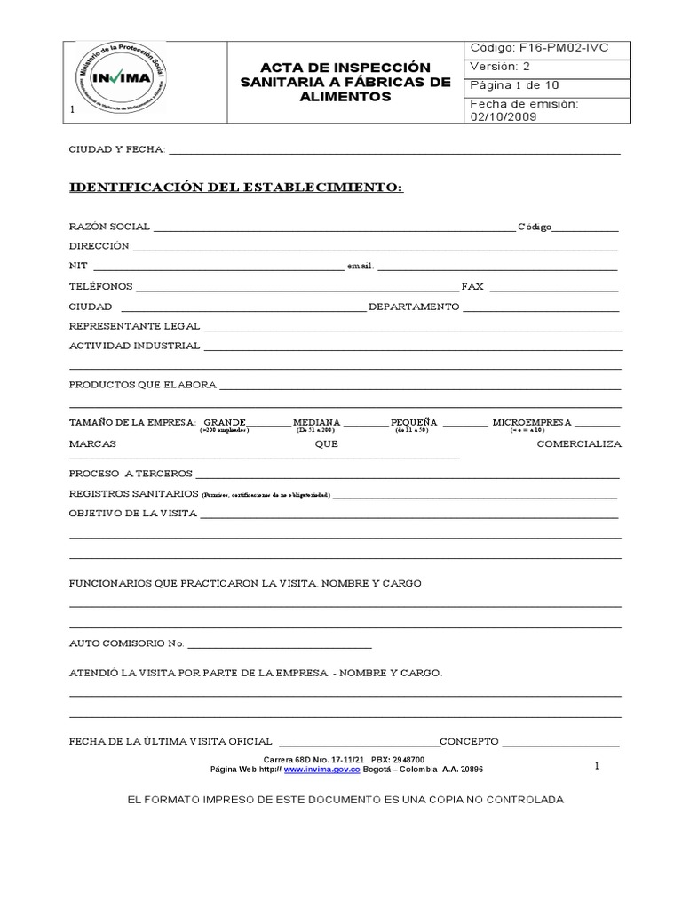 Acta de Inspección Sanitaria A Fábricas de Alimentos - Invima | PDF
