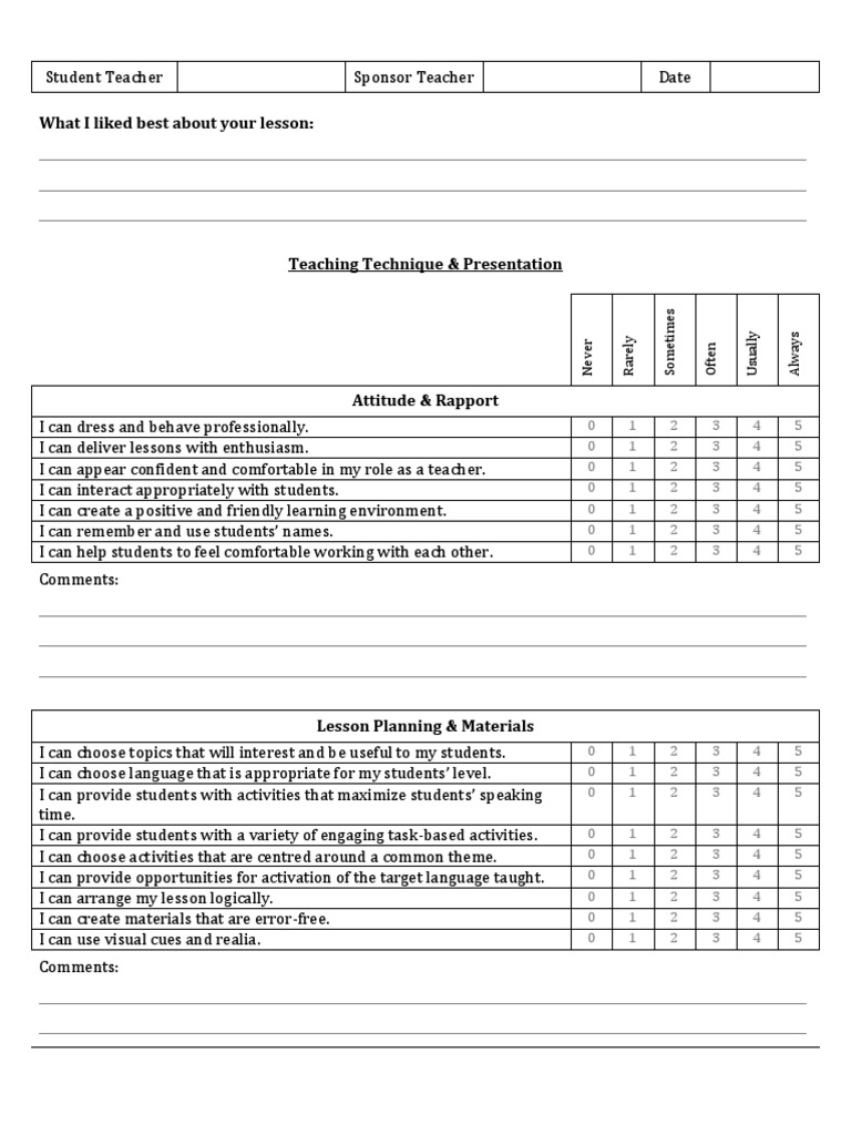 Student Teacher Feedback Form | Download Free PDF | English As A Second ...