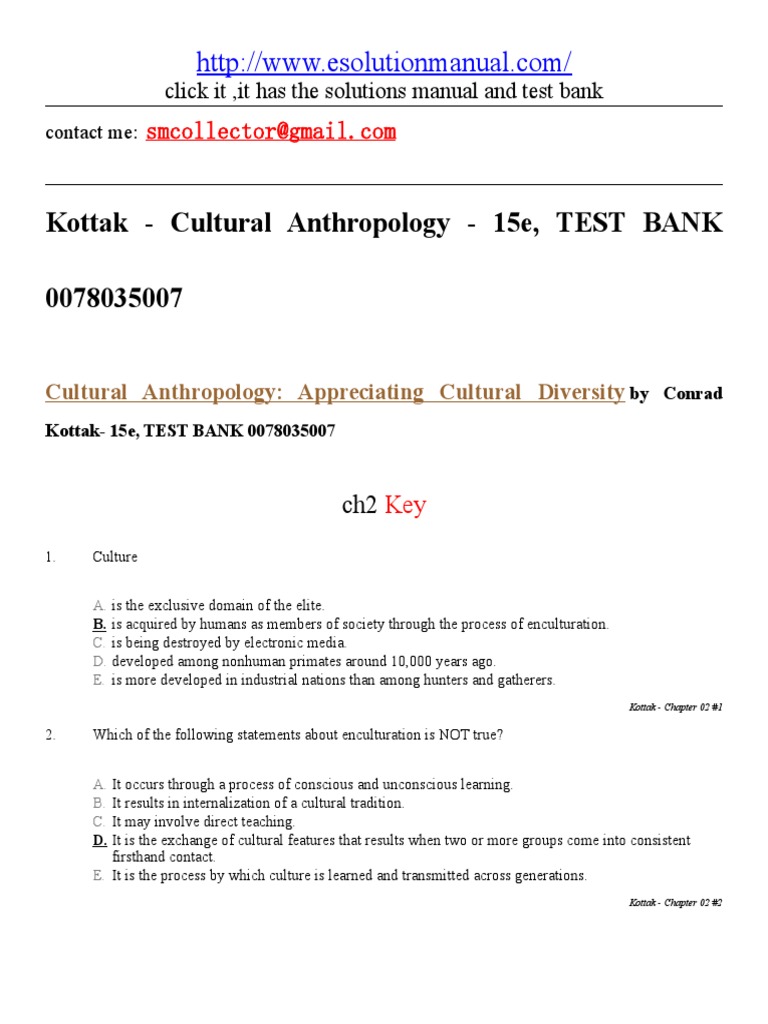 Kottak Cultural Anthropology Test Bank | PDF | Relativism | Anthropology