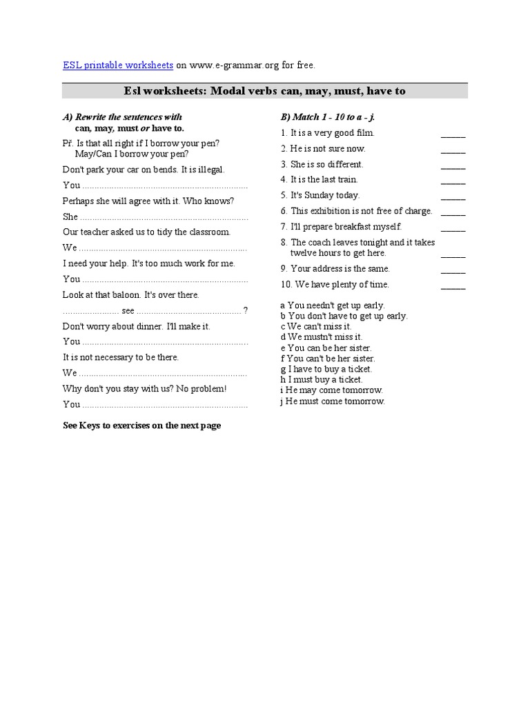 Modal Verbs Can May Must Worksheet | PDF | Language Arts & Discipline