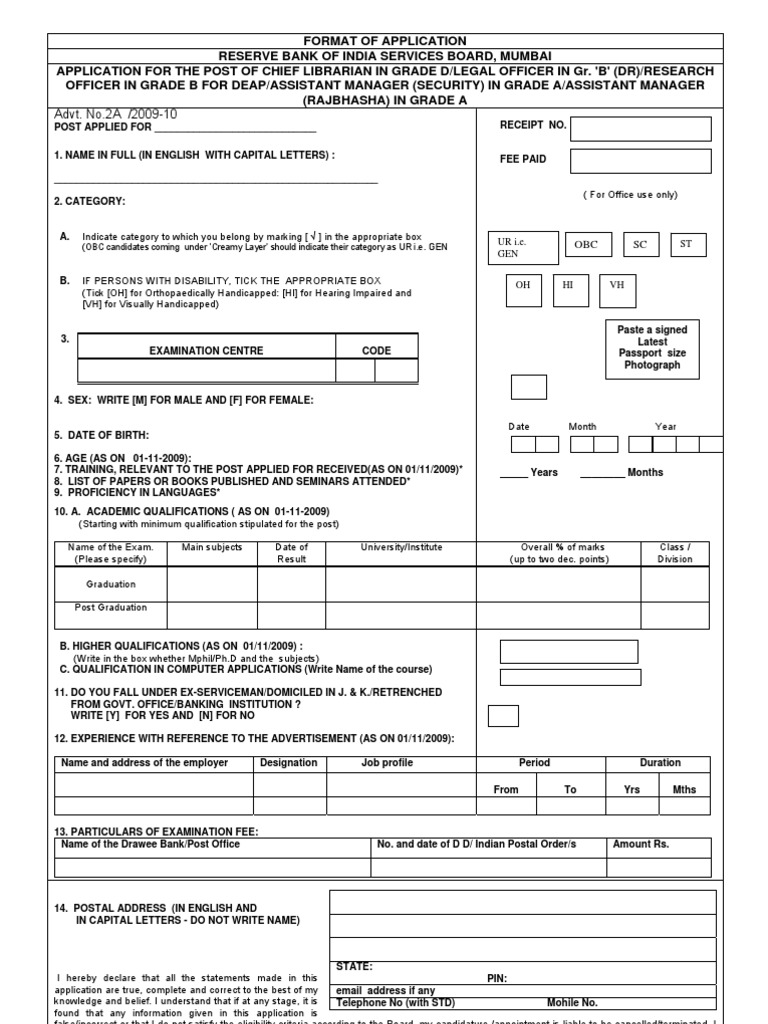 RBI Application Format for Various Posts | PDF