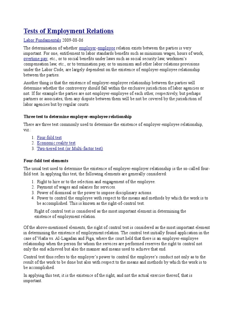 Tests for Employer-Employee Relations | PDF | Employment | Private Law