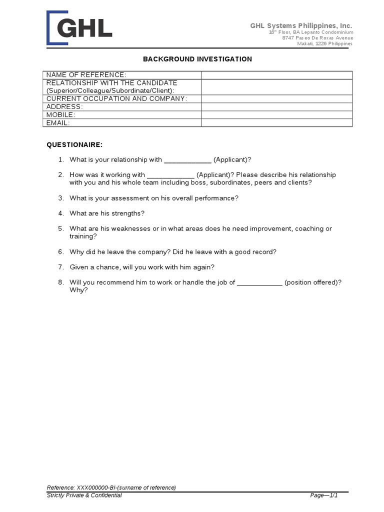 GHL Systems Background Investigation Form | PDF | Business