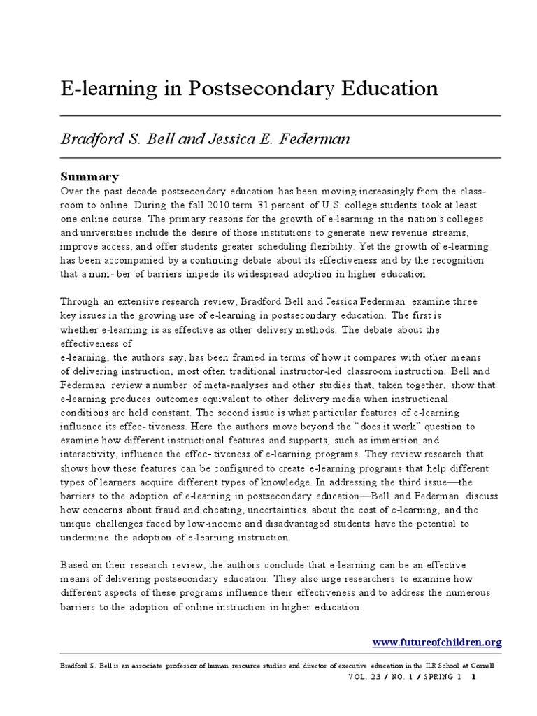 E-Learning in Postsecondary Education: Bradford S. Bell and Jessica E ...