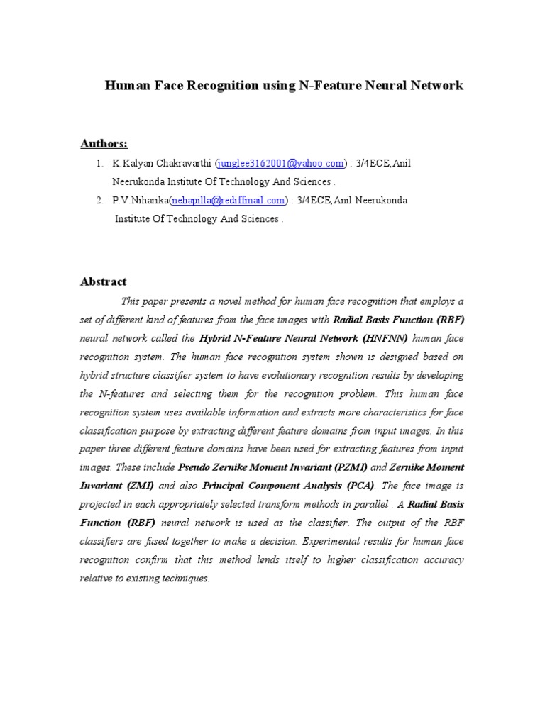 Human Face Recognition Using N Feature Neural Network Authors Pdf Artificial Neural Network