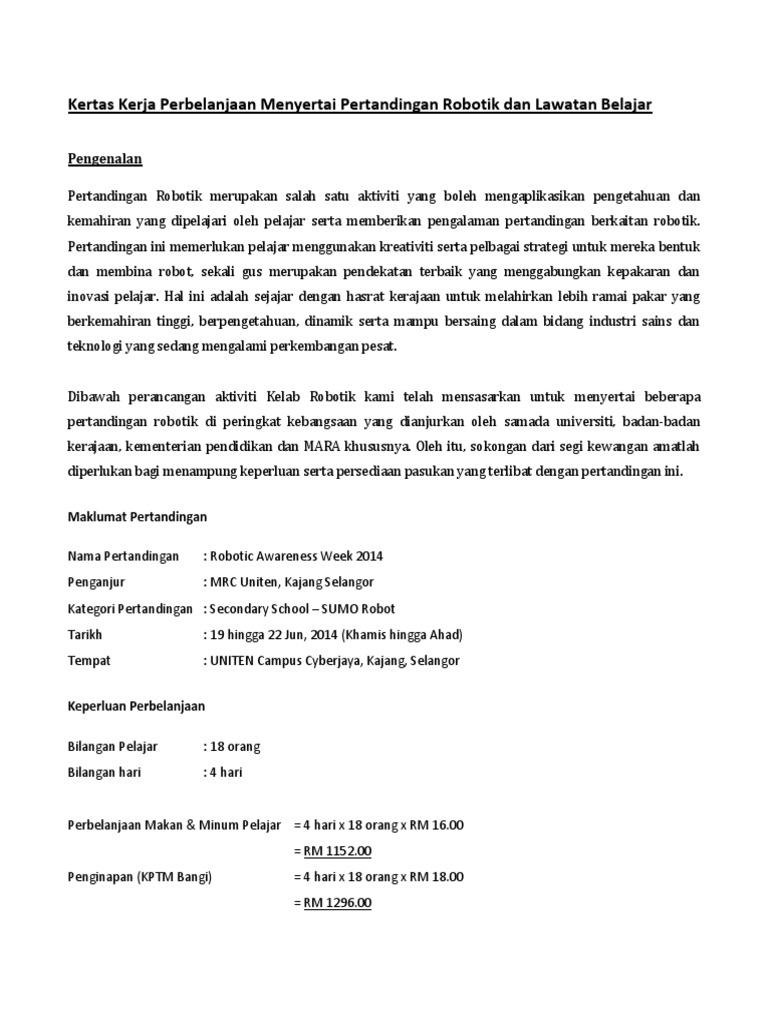 Kertas Kerja Perbelanjaan Menyertai Pertandingan Robowar Uniten 2014 Ke ...