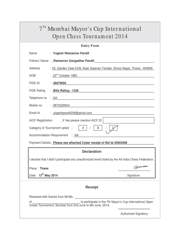 Mumbai Mayor's Cup Chess Entry Form | PDF