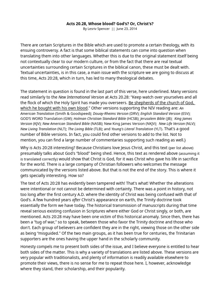 Acts 20.28, Whose Blood? God's? Or, Christ's? | PDF | New Testament ...