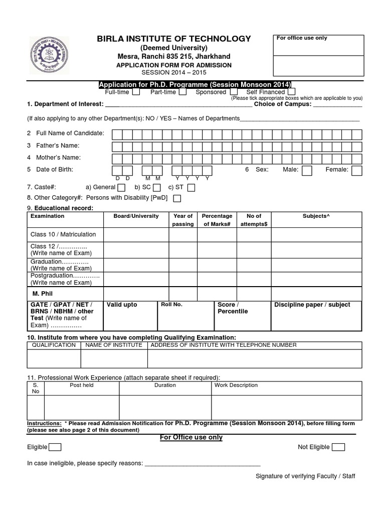 Bit Mesra Application | Identity Document | Doctor Of Philosophy