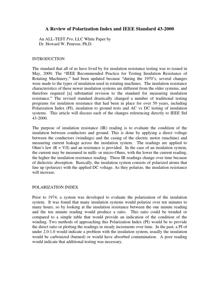 A Review of Polarization Index and IEEE Standard 43-2000 | Electrical ...