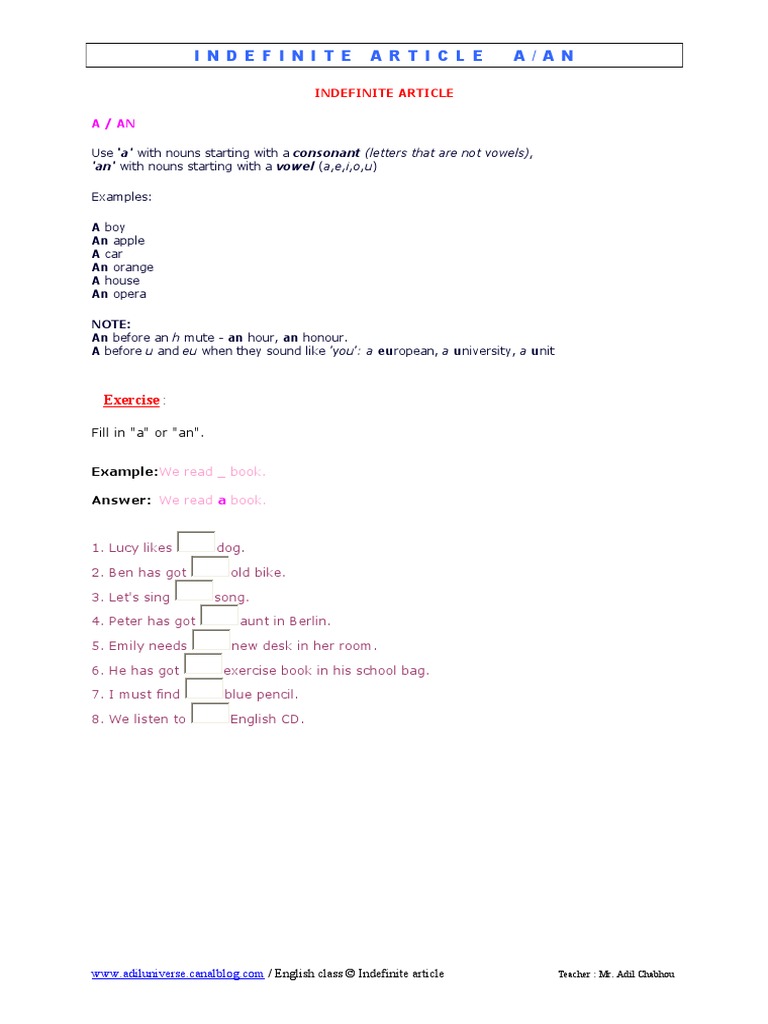 Indefinite Article Pdf Art